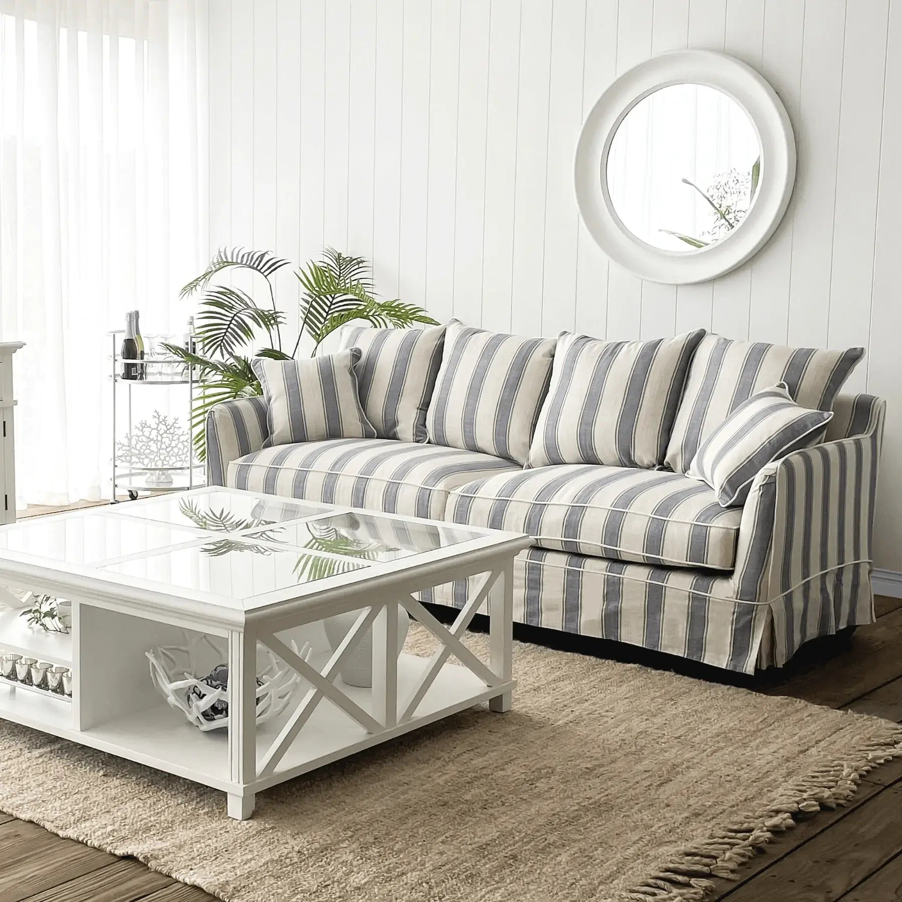 Hamptons Contemporary Three Seater Slip-Cover Sofa - Blue Sky Stripe ...